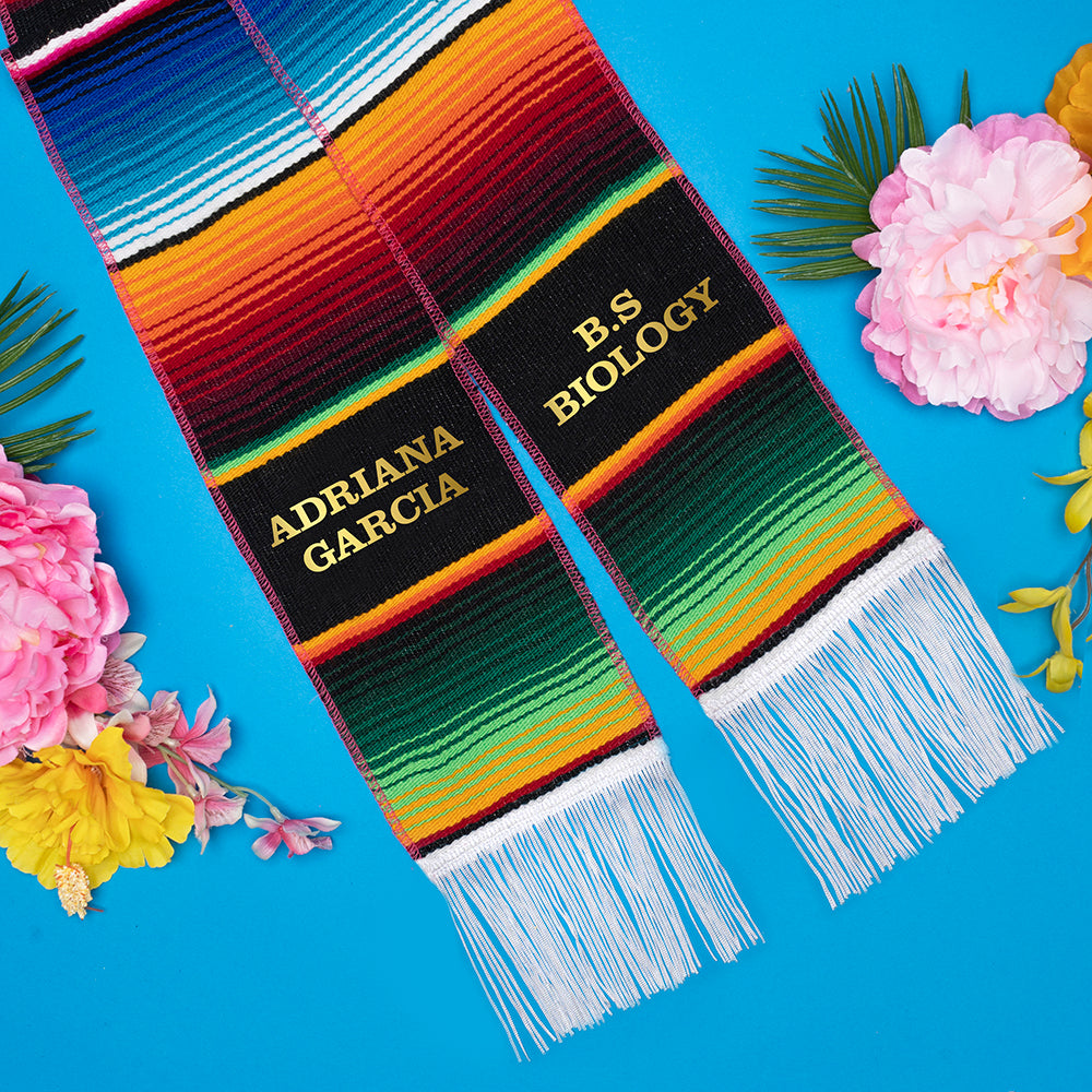 Mexican Graduation Stole with Blue Butterflies and Flowers – Festive Gal